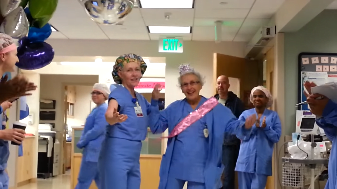 Working seniors : a 90-year-old nurse celebrates her birthday in ...